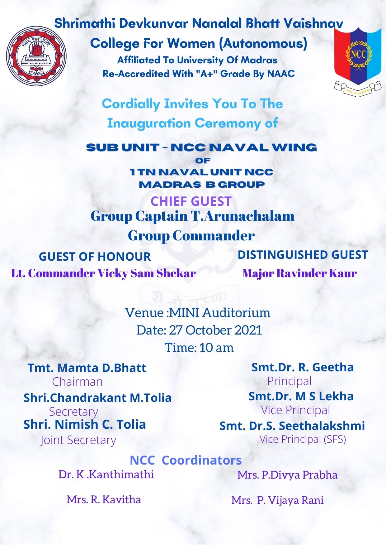NCC Naval Wing Raising Ceremony. – SDNB Vaishnav College for Women